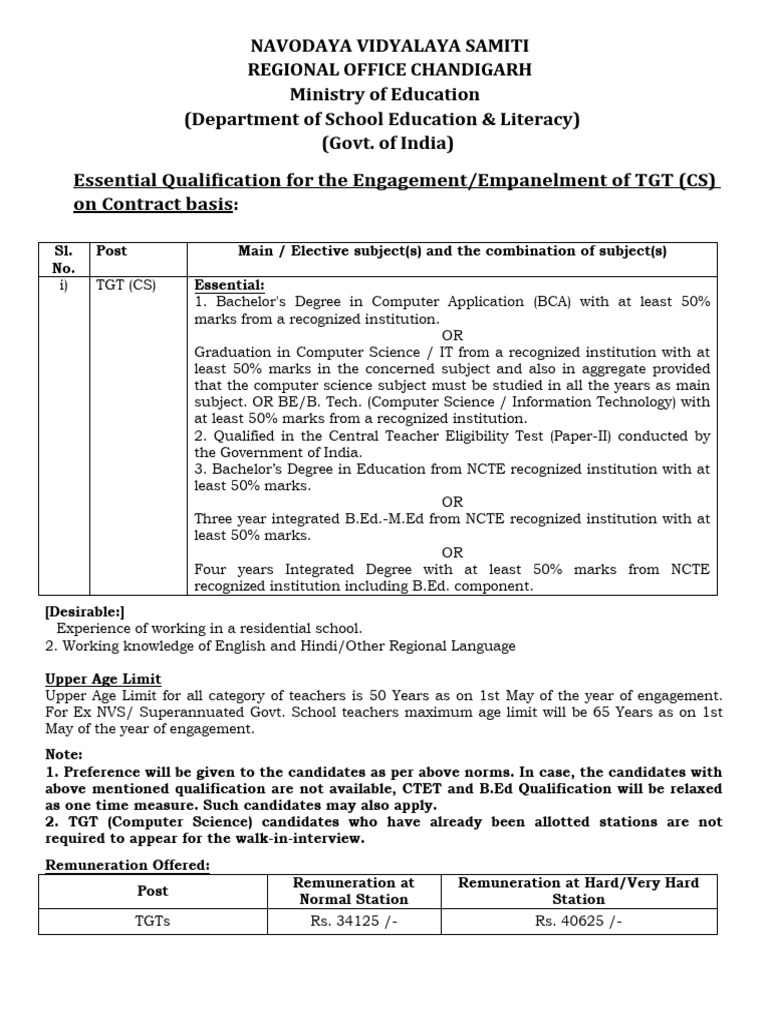 Essential Qualification For TGT CS (On Contract Basis) | PDF ...