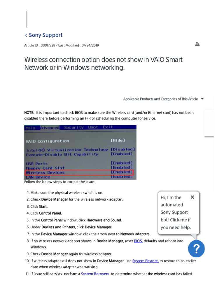 Wireless Connection Option Does Not Show in VAIO Smart Network or in Windows Networking. | PDF ...