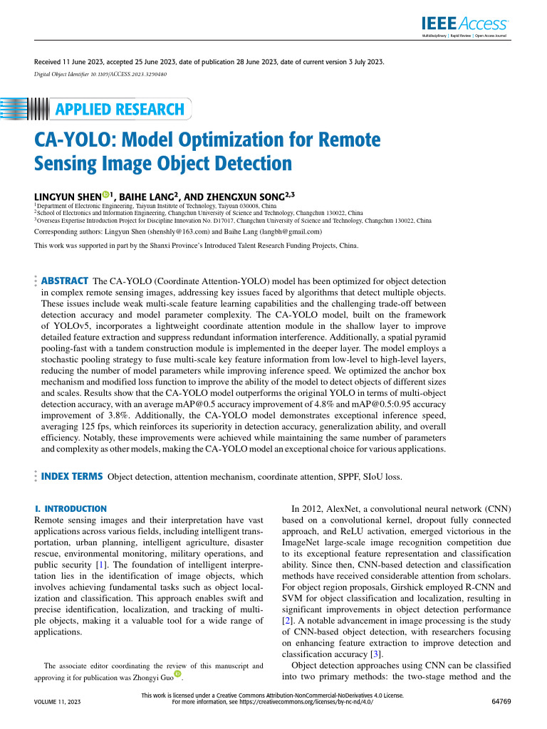CA-YOLO Model Optimization For Remote Sensing Image Object Detection | PDF | Attention | Information