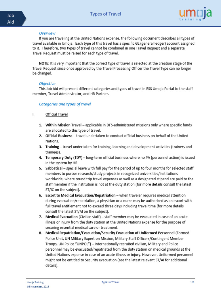 Types of Travel in Umoja Umoja Job Aid | PDF | United Nations ...