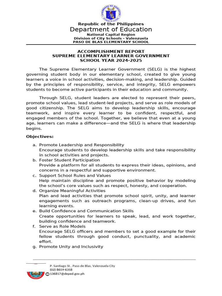 Pdbes Selg Accomplishment Report-2024-2025 | PDF | Leadership | Democracy