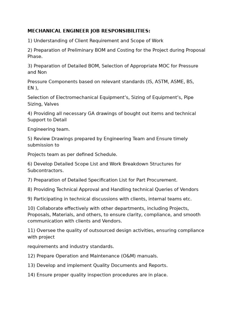 MECHANICAL ENGINEER JOB RESPONSIBILITIES - Fresher | PDF
