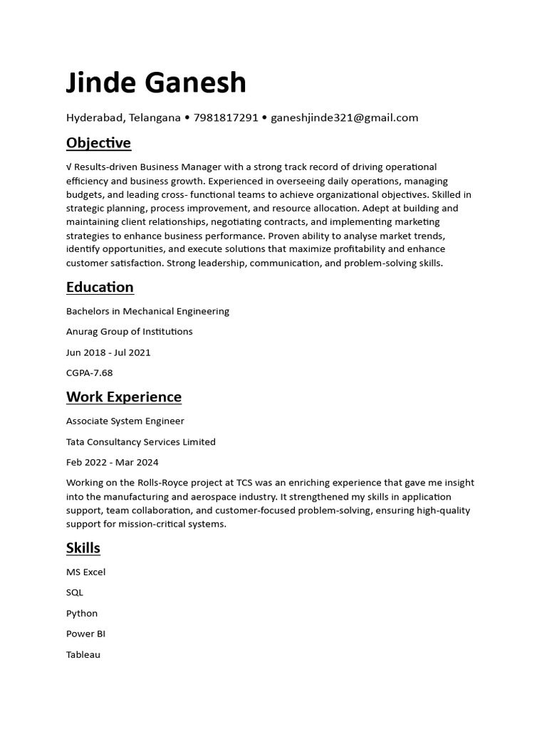 Jinde Ganesh Resume | PDF