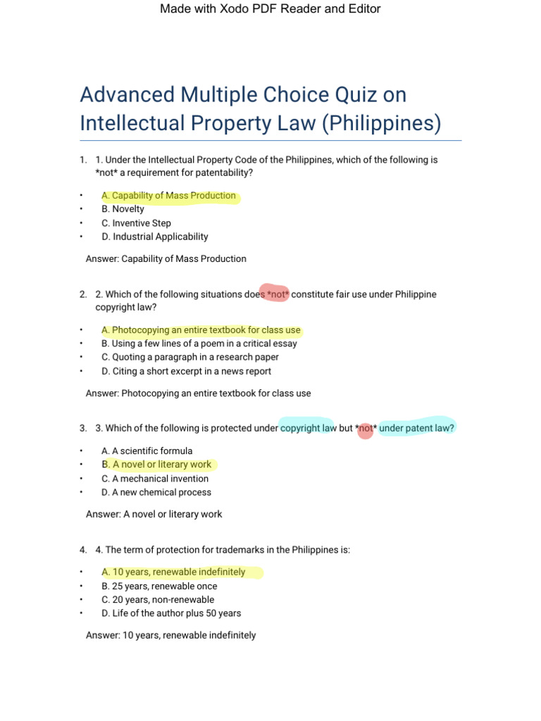 IP Law Quiz: Philippines Edition | PDF | Intellectual Property | Copyright