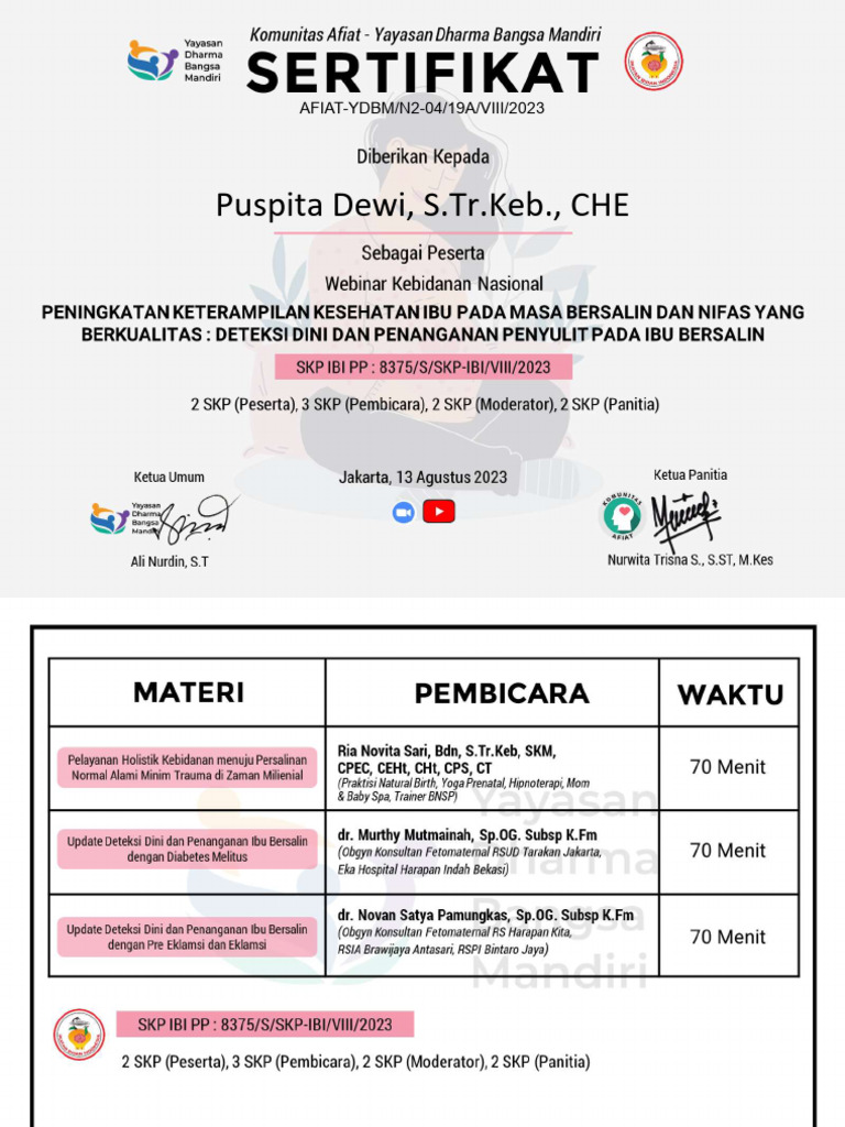 Puspita Dewi, S.TR - Keb., CHE: AFIAT-YDBM/N2-04/19A/VIII/2023 | PDF