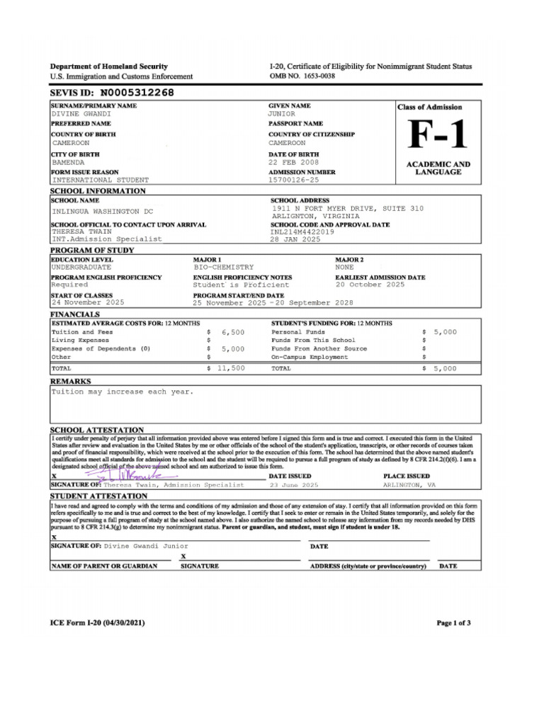 F1-I20 Form (Divine Gwandi Junior) - 123435 | PDF