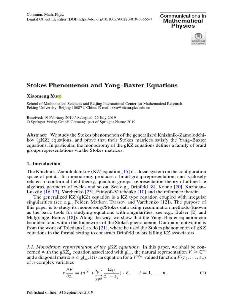 Stokes Phenomenon and Yang-Baxter Equations | PDF | Algebraic ...