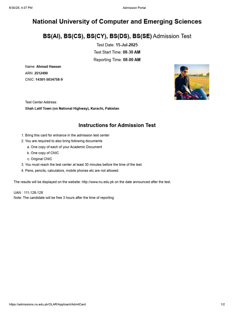 NU Admission Test Card for 2025 | PDF
