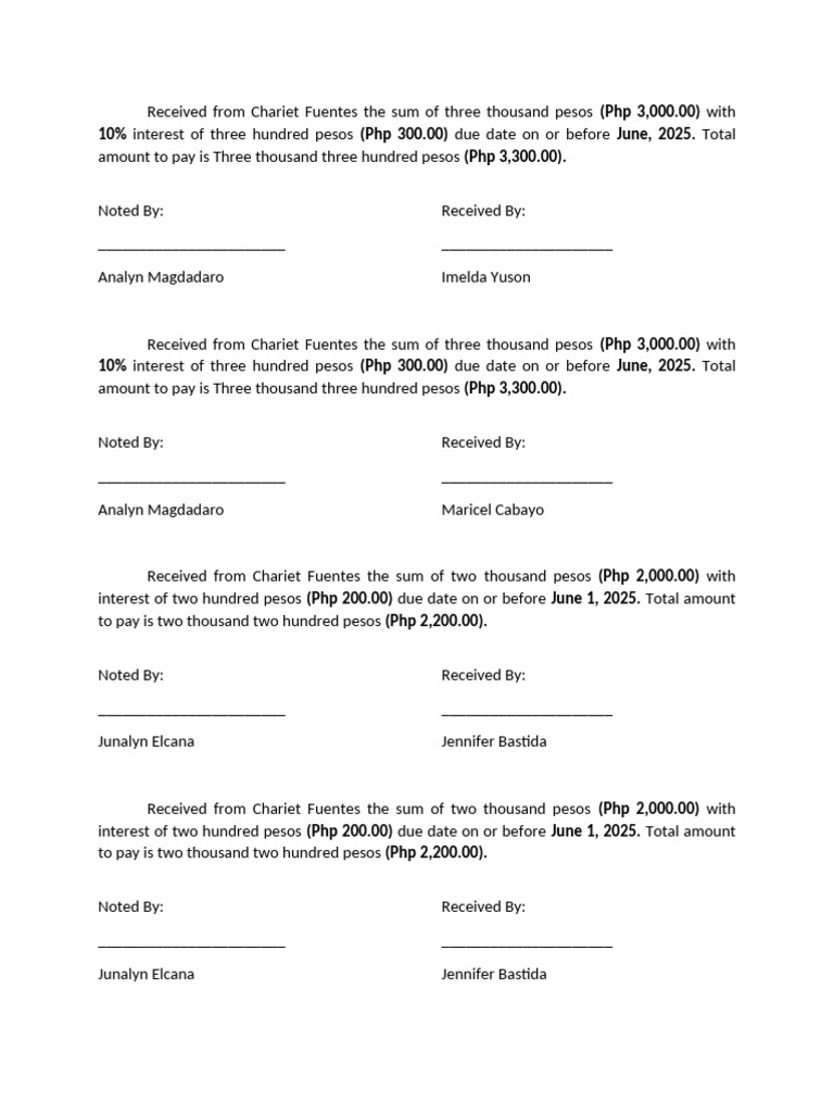 Received From Chariet Fuentes The Sum of Three Thousand Pesos | PDF ...