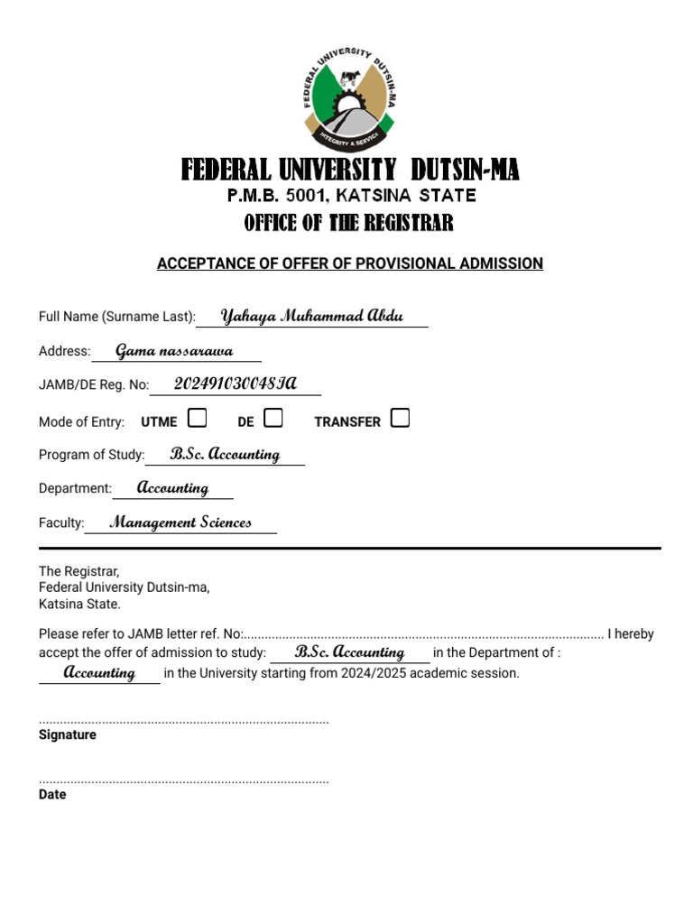Acceptance of Offer of Provisional Admission | PDF