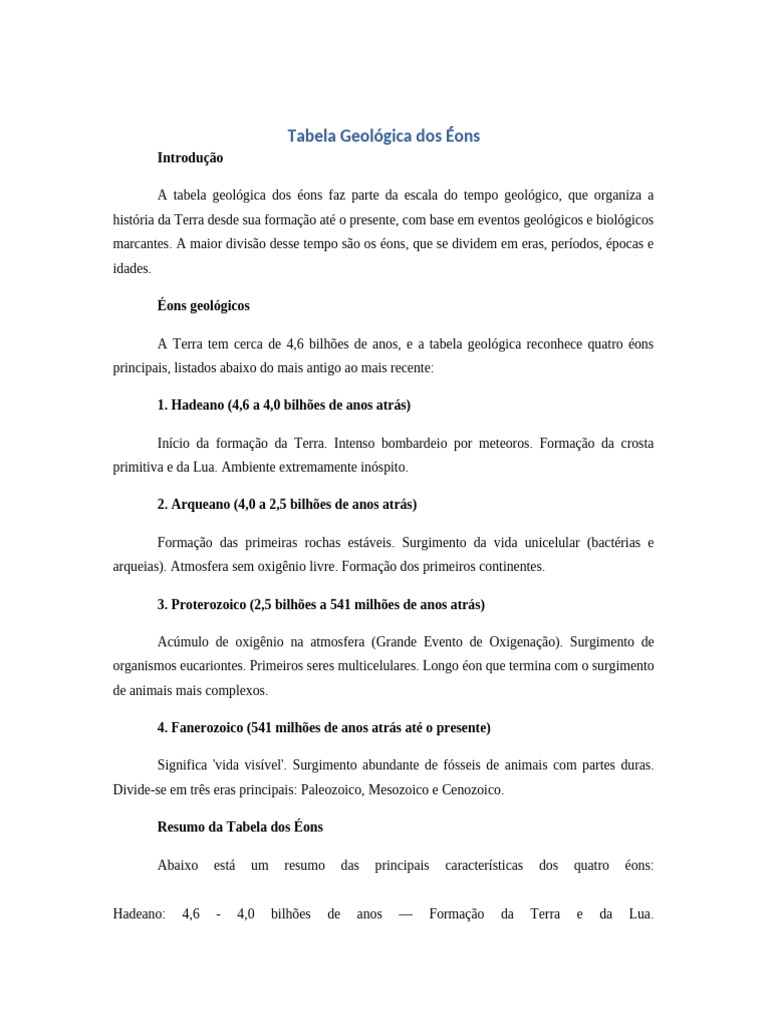 Tabela dos Éons Geológicos da Terra | PDF