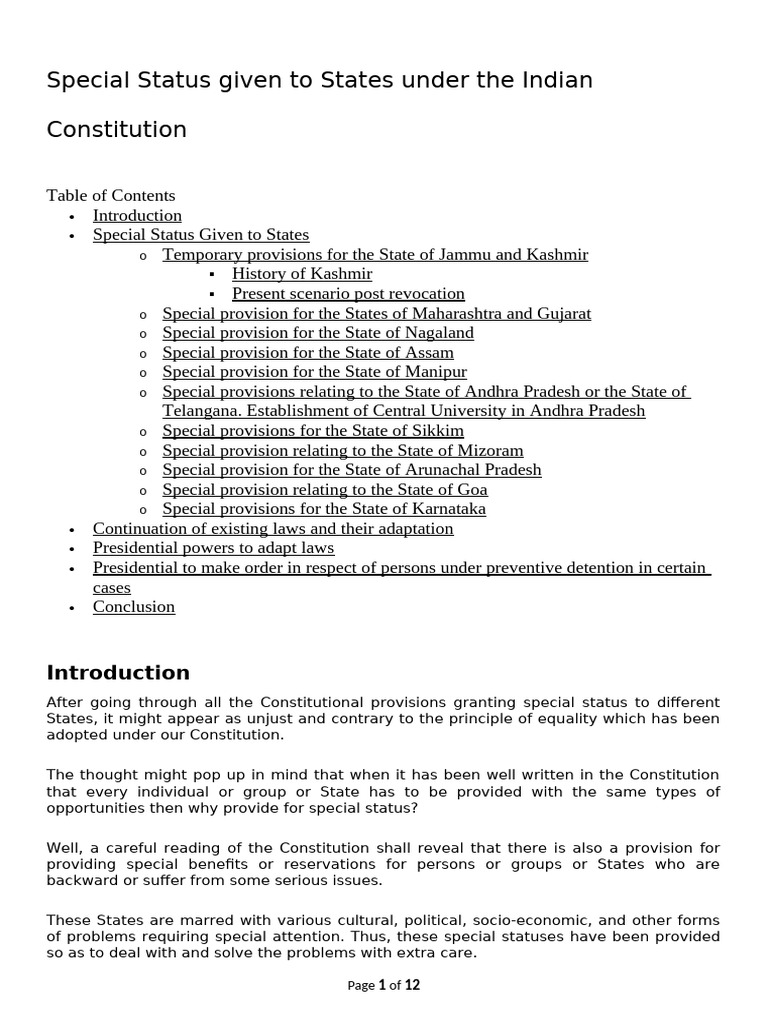 Special Status Given To States Under The Indian Constitution | PDF ...