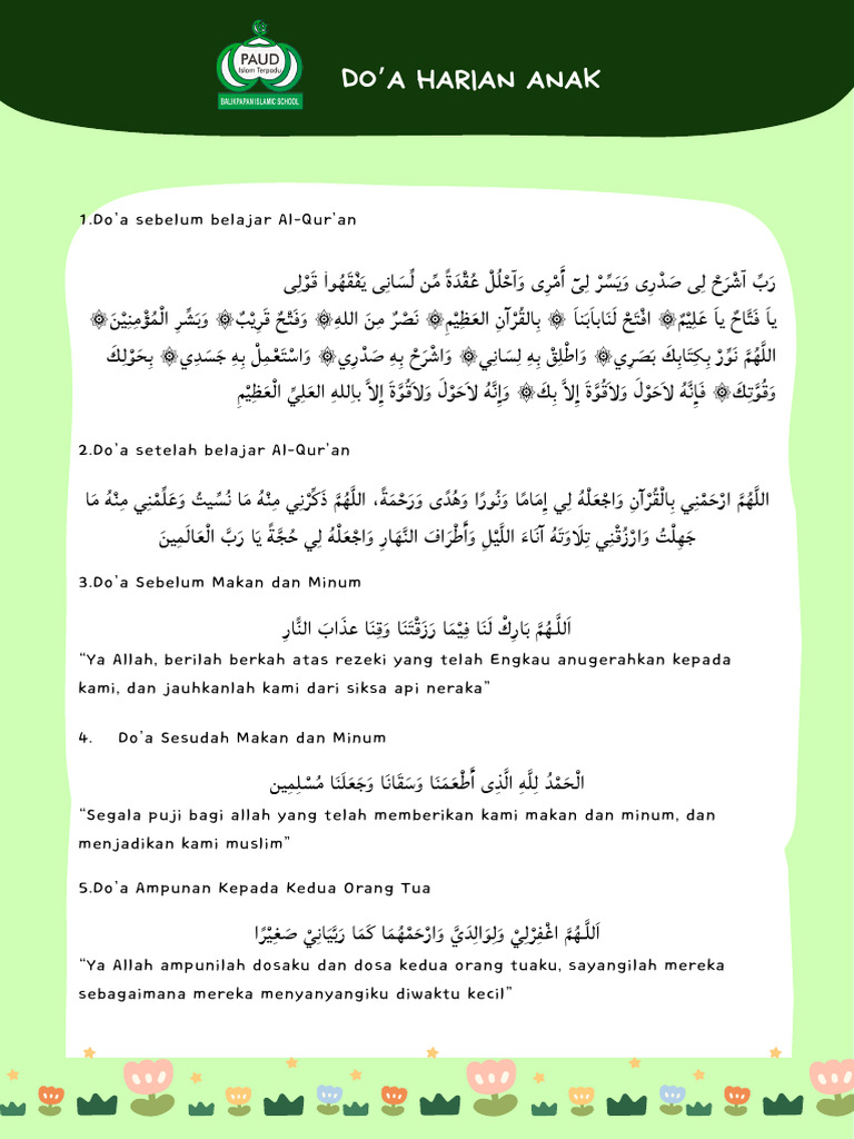 Kumpulan Hadist Dan Do'a Harian Anak TK | PDF