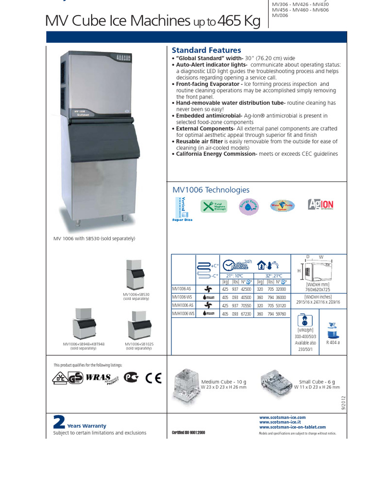 MV1006 Cube Ice Machine Specifications | PDF | Environmental Technology