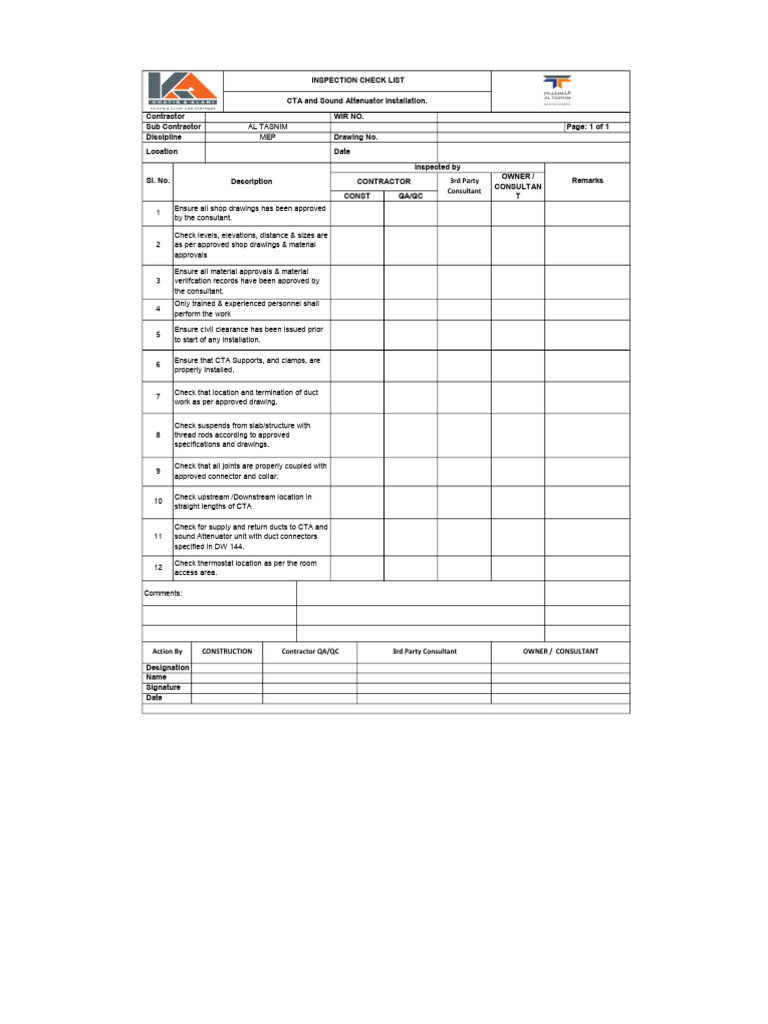 CTA Installation Inspection Checklist | PDF | Manufactured Goods ...