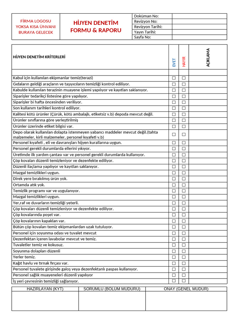 EK Hijyen Denetim Formu | PDF
