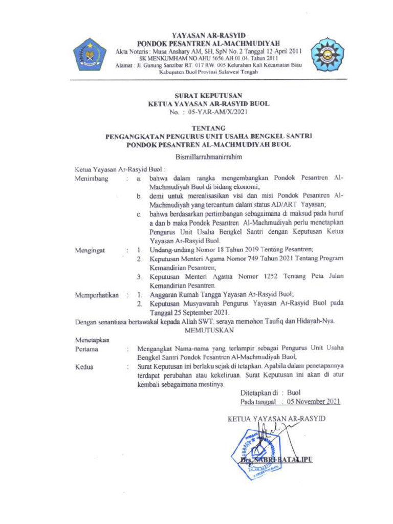 SK Unit Usaha Bengkel Santri 2022 | PDF