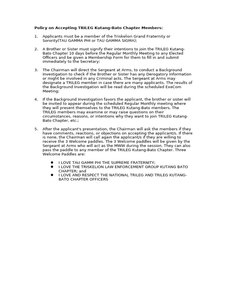 Policy On Accepting TRILEG Kutang | PDF