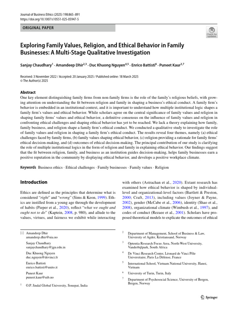 Exploring Family Values, Religion, and Ethical Behavior in Family ...
