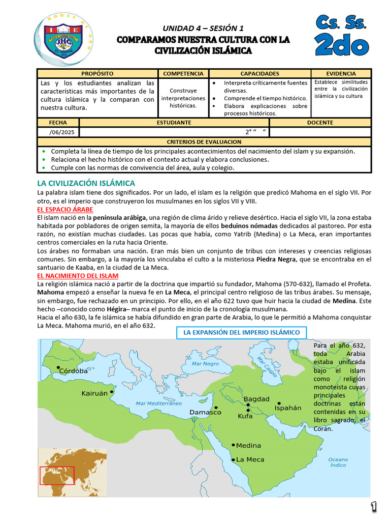 Ficha de Trabajo U4 S1 CS SS 2do JGHG 2025 | PDF | Califato | Mahoma