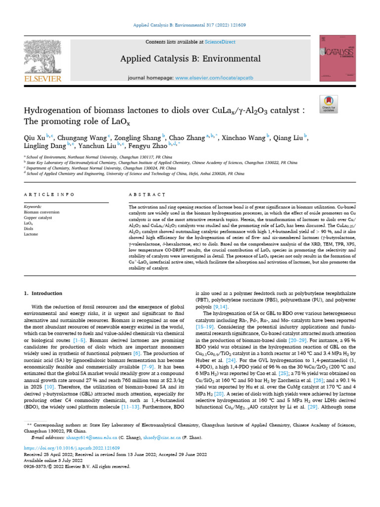 Hydrogenation of biomass lactones to diols over CuLax γ-Al2O3 catalys The promoting role of LaOx ...