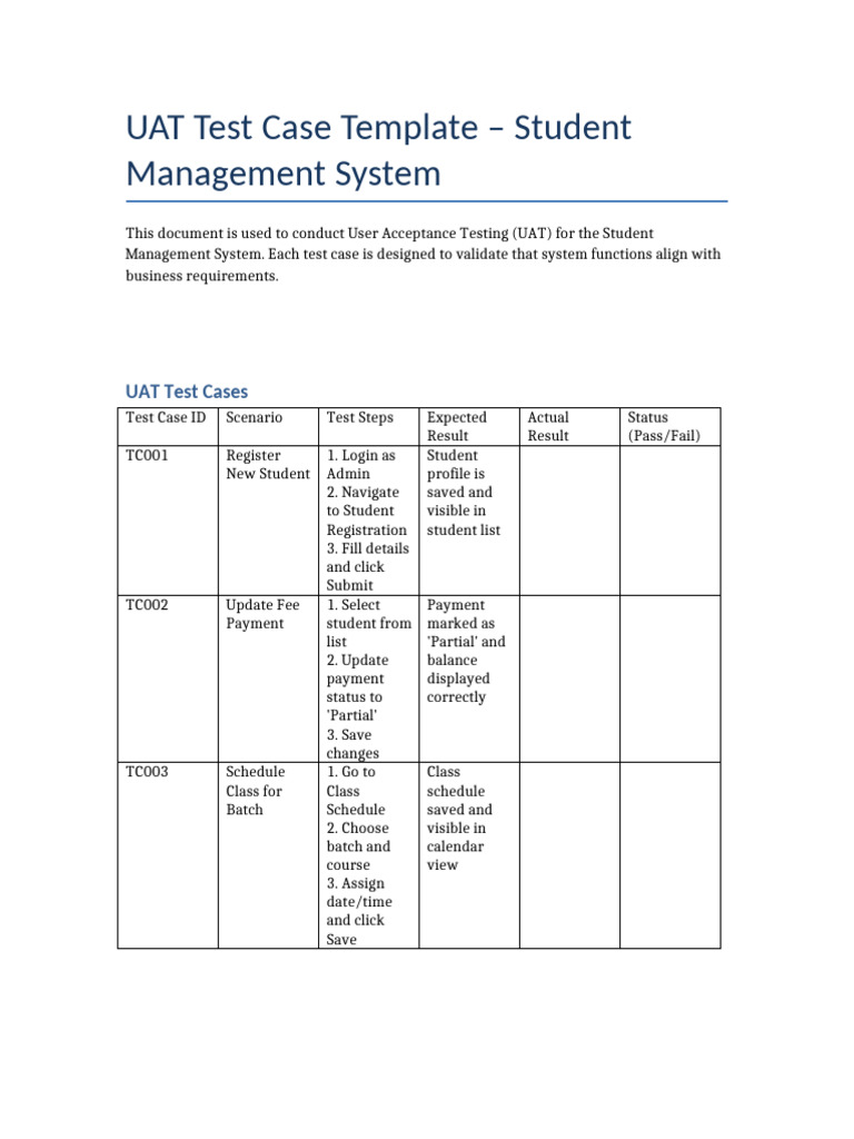 UAT Test Case Template for Student System | PDF