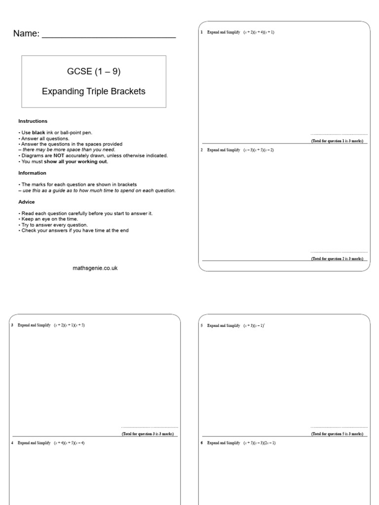 Expanding Triple Brackets Worksheet | PDF