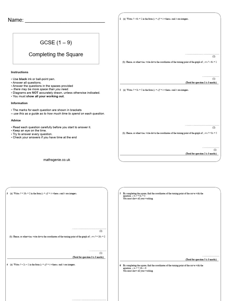 9 Completing The Square | PDF | Mathematics | Mathematical Concepts