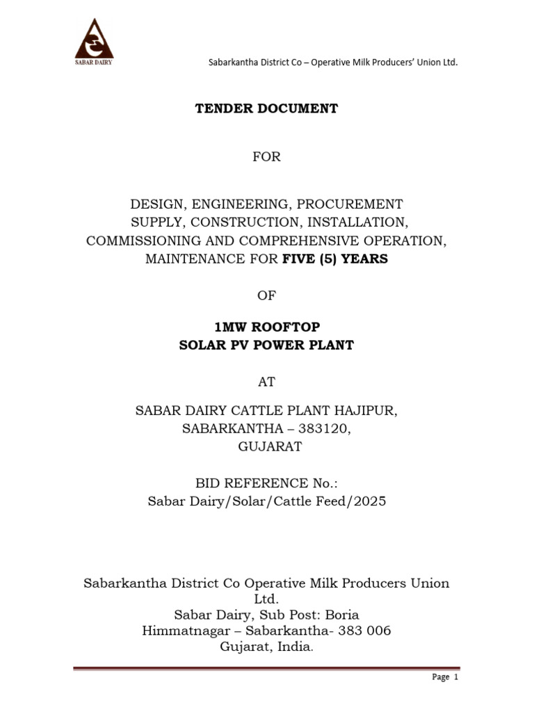 PROJECT 94 1MW Solar Sabardairy CF Plant Tender | PDF | Photovoltaics ...