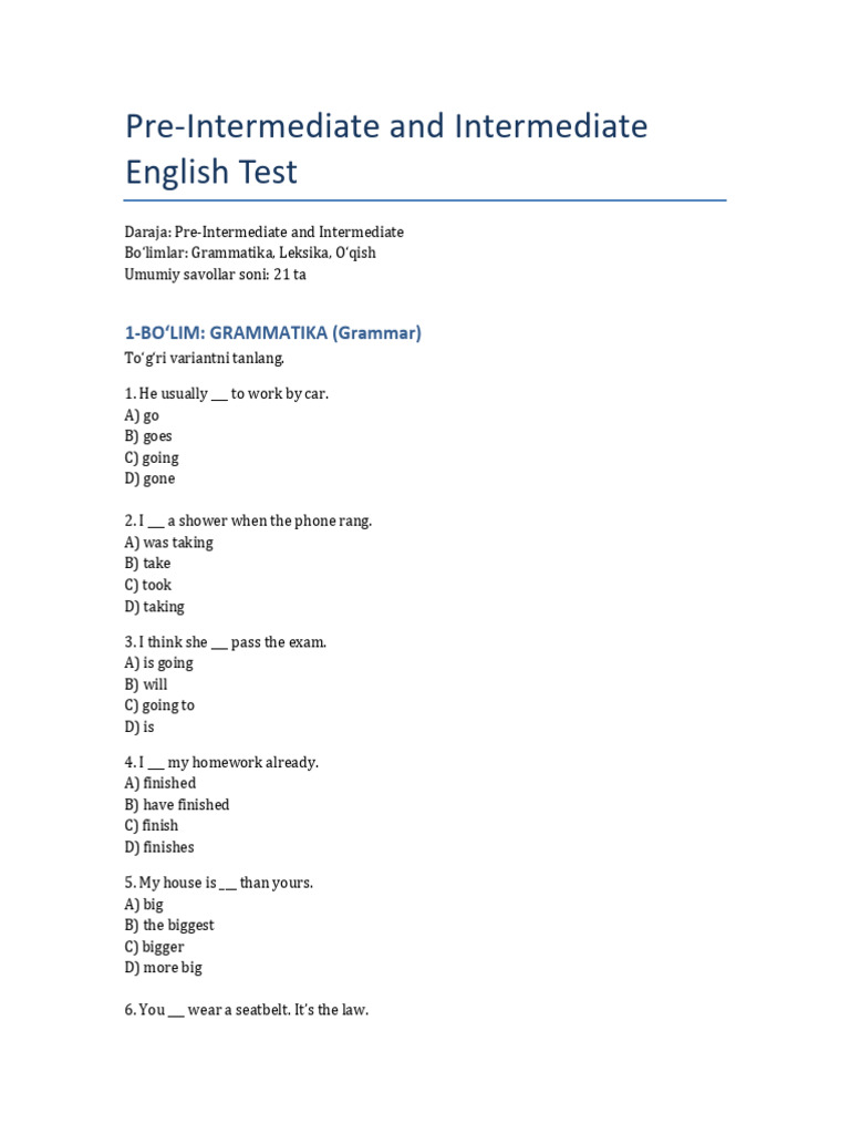 English Test: Pre-Intermediate Level | PDF
