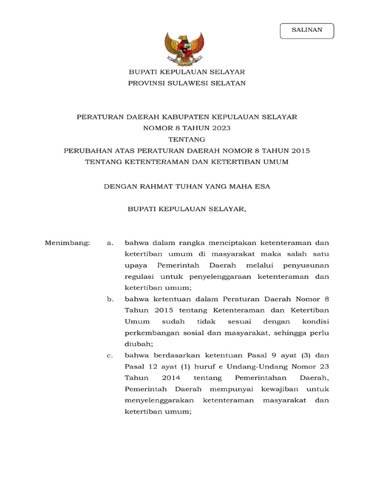 Perda Nomor 8 Tahun 2023 Tentang Perubahan Perda Tramtibum | PDF