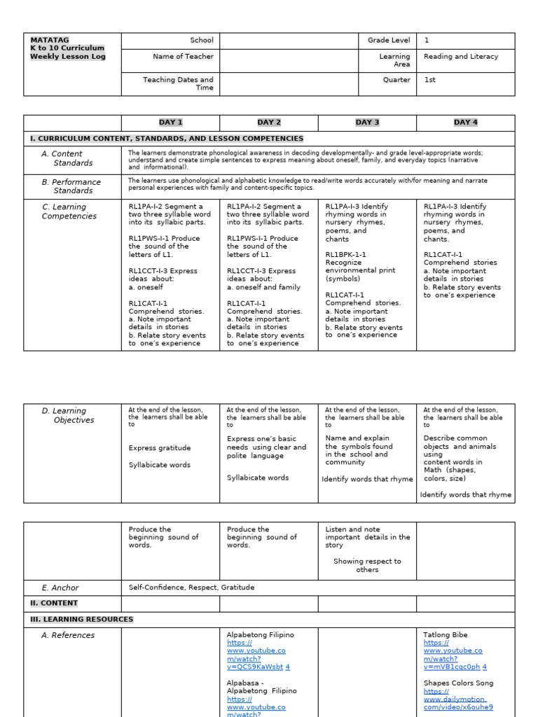 Week 2 Reading Matatag Curriculum Revised | PDF | Reading (Process) | Linguistics