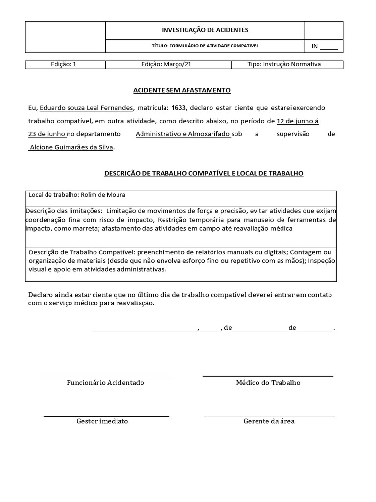 Formulario Acidente Com Atividade Compativel | PDF