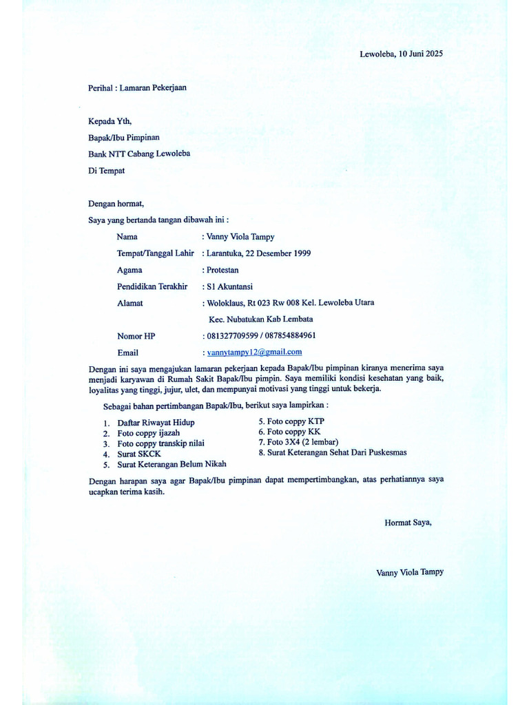 Berkas Lamaran Vanny Viola Tampy | PDF