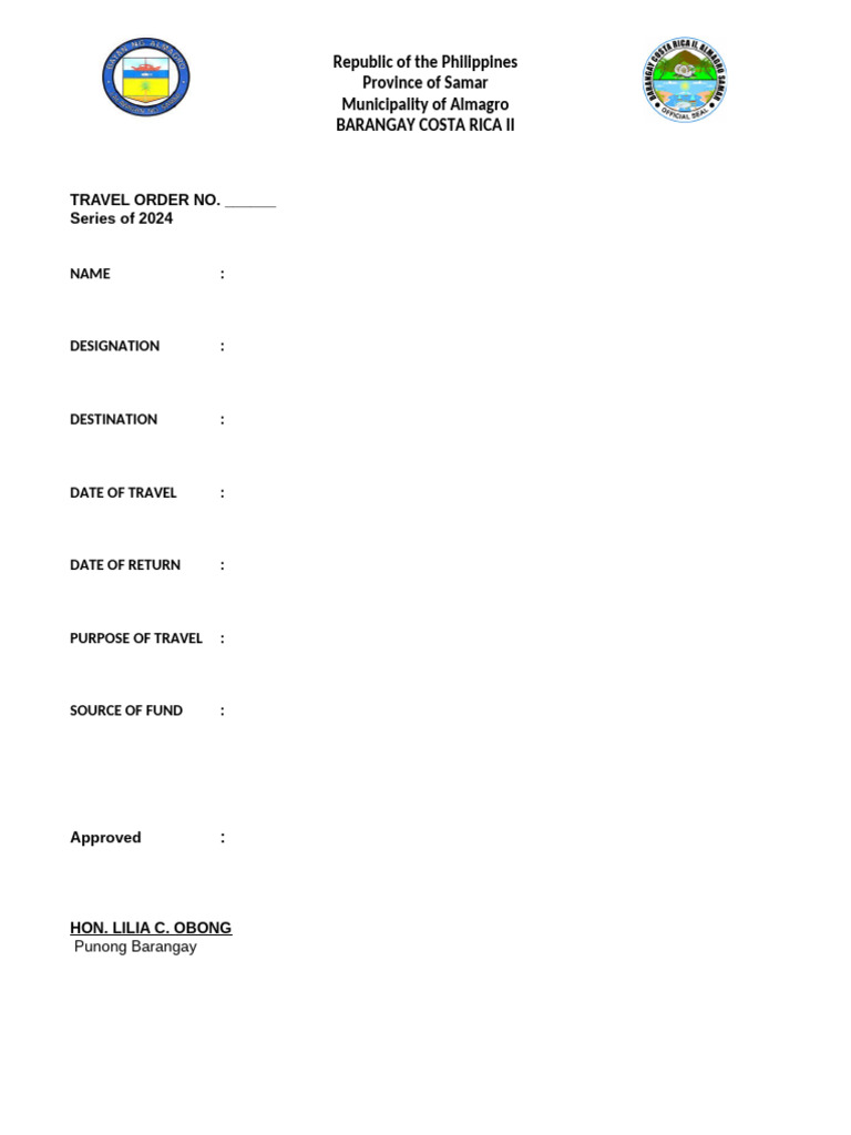 Barangay Travel Order Template 2024 | PDF