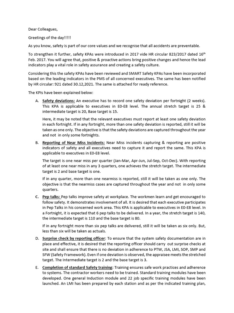 Letter For Awareness of Safety KPA in 2022 PMS | PDF | Safety