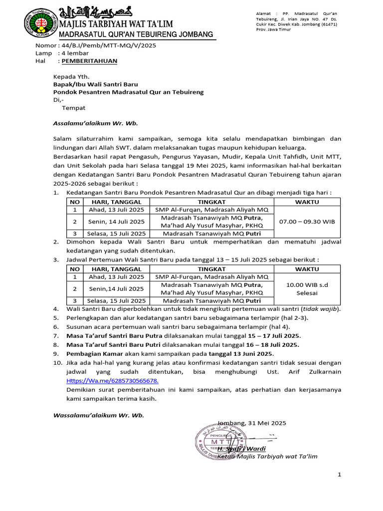Pemberitahuan Kedatangan Santri Baru TA. 2025-2026 | PDF