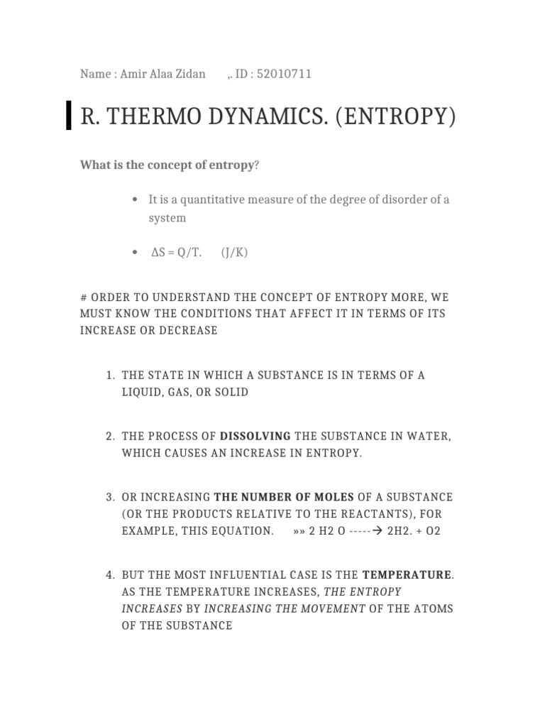 R. Thermo Dynamics. (Entropy) : Name: Amir Alaa Zidan ,. ID: 52010711 | PDF