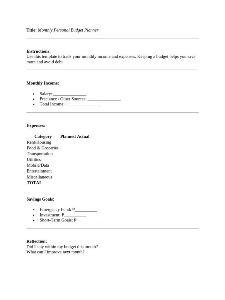 Monthly Personal Budget Planner: Title | PDF