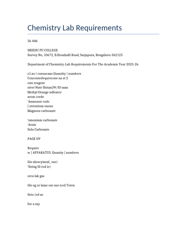 Chemistry Lab Requirements 2025-26 | PDF