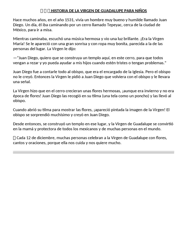 Historia de la Virgen de Guadalupe para Niños | PDF