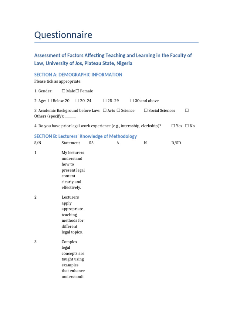 Teaching Learning Questionnaire Law UJOS | PDF | Educational Assessment | Behavior Modification