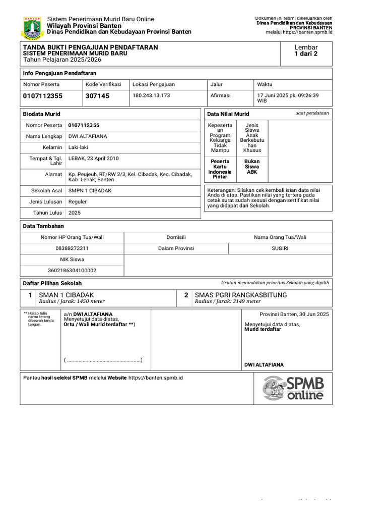 Tanda Bukti Pengajuan Pendaftaran - 0107112355 - DWI ALTAFIANA | PDF