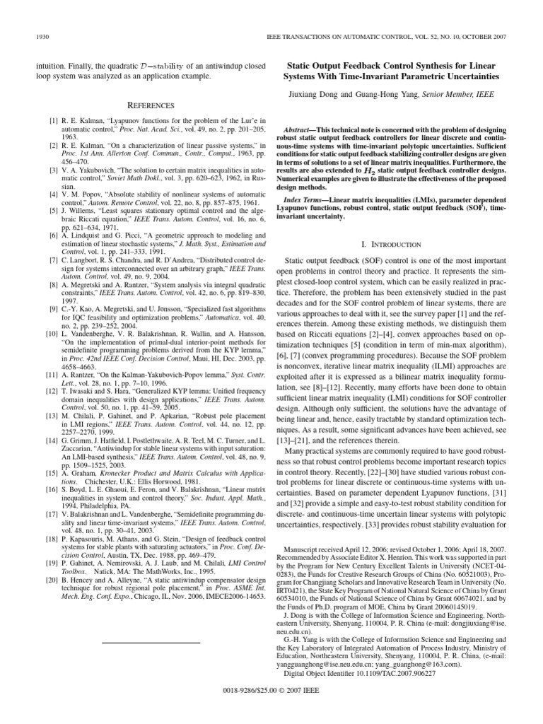Robust Static Output Feedback Control | PDF | Control Theory | Matrix ...