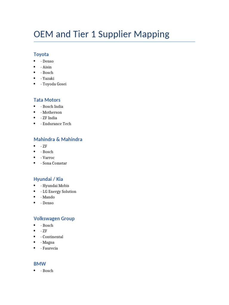 OEM and Tier 1 Supplier Overview | PDF