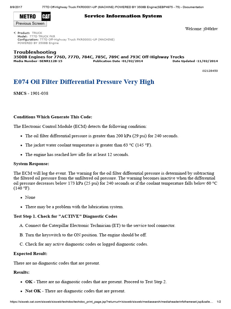 E074 Oil Filter Differential Pressure Very High | PDF | Troubleshooting