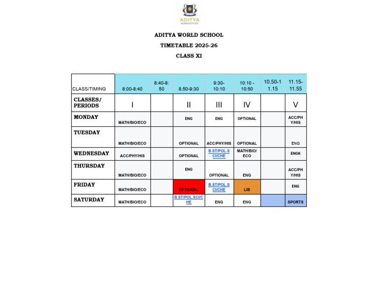 Aditya World School Class XI Timetable 2025-26 | PDF