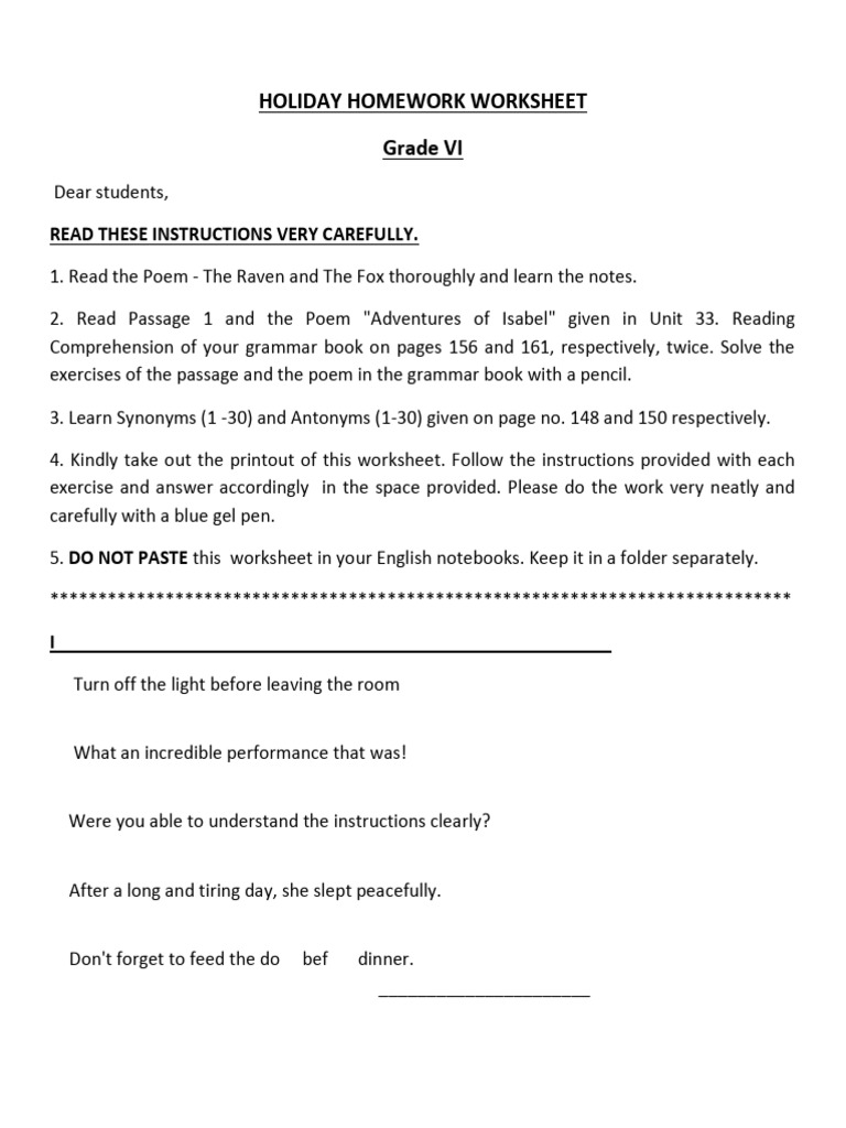 Holiday Homework Worksheet Grade VI: Read These Instructions Very ...