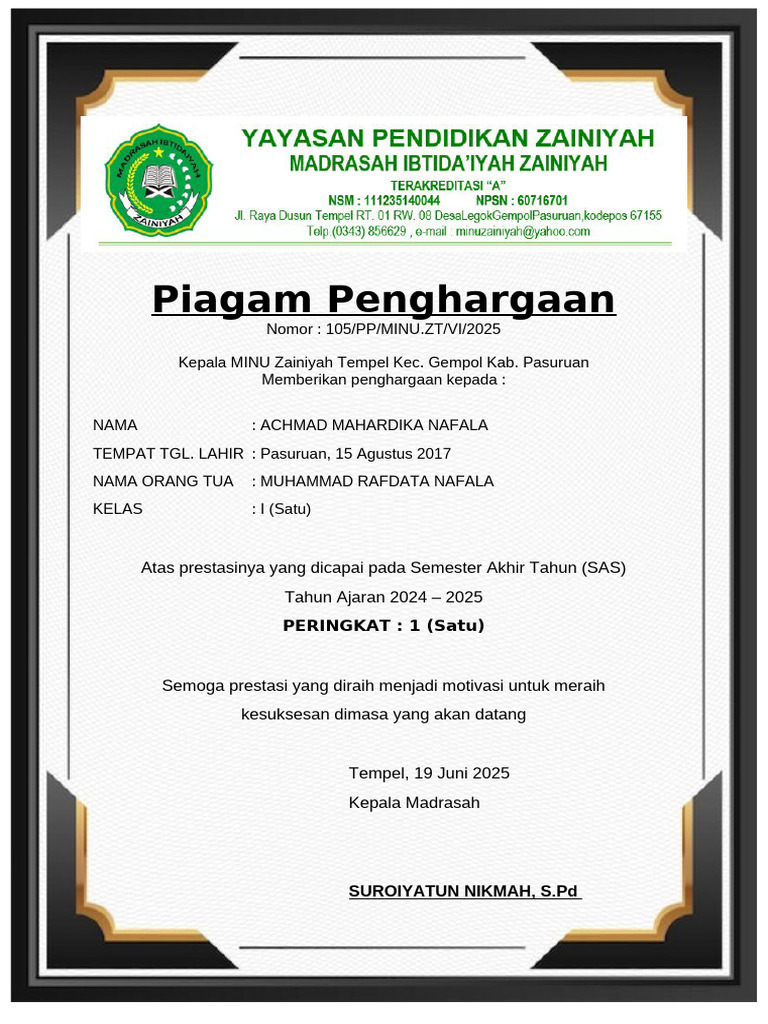 Piagam Penghargaan Siswa Terbaik Border | PDF