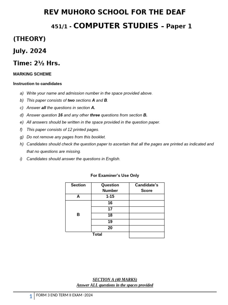 Form 3 Computer Marking Scheme | PDF | Operating System | Computer File